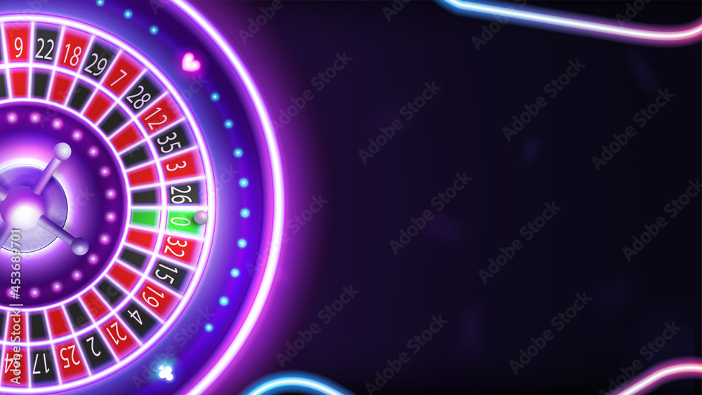 Background with pink neon casino roulette and copy space for your arts ...