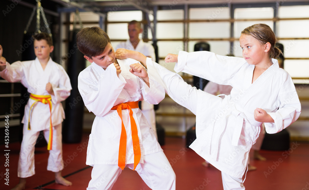 Preteen boy and girl, working in pair, mastering new karate moves in ...