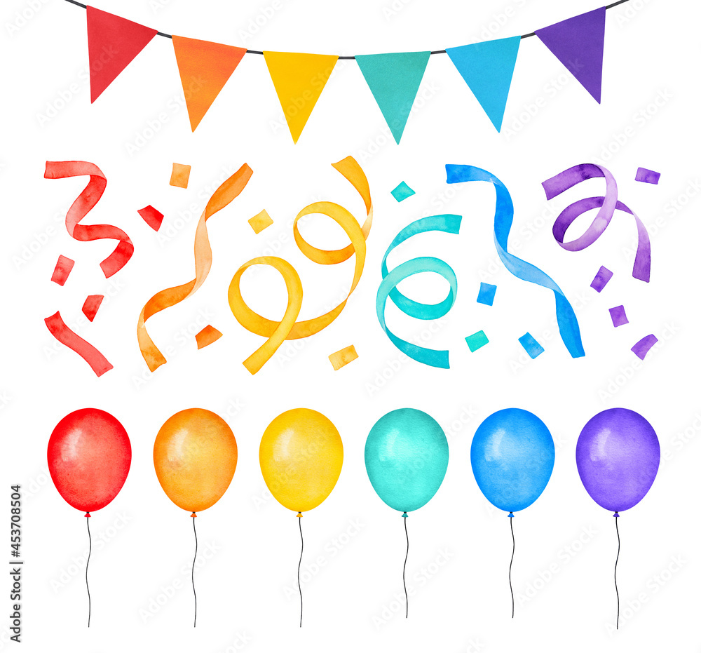 Watercolor illustration collection of rainbow colored flag banner ...