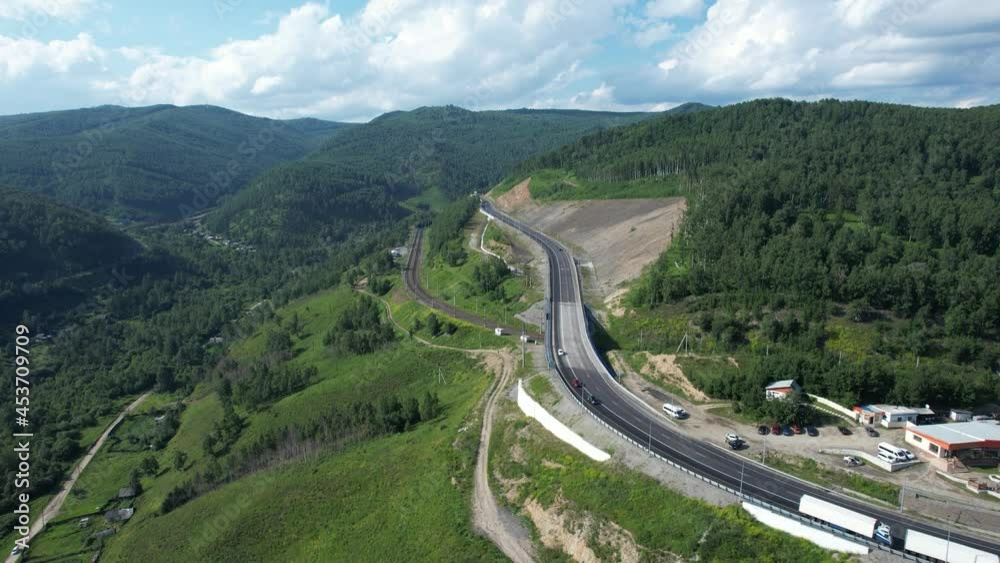 The Baikal serpentine road - aerial view of natural mountain valley ...