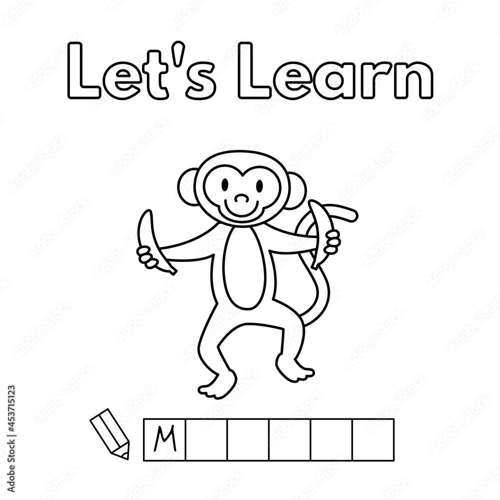 Cartoon monkey learning game for small children - color and write the ...