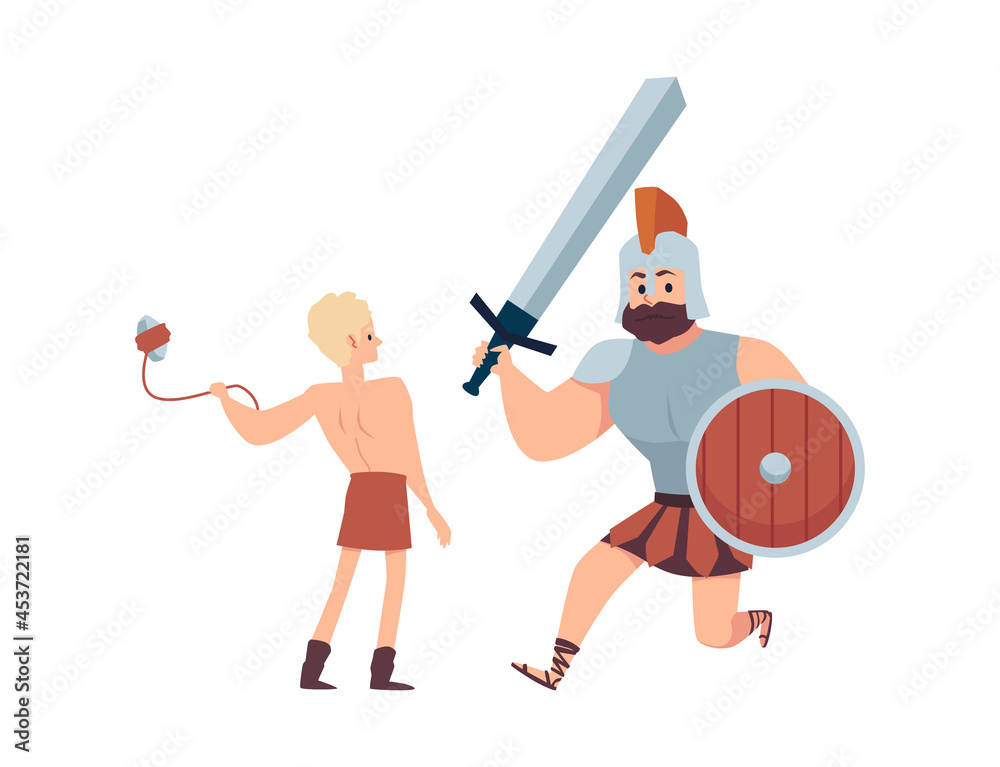 Giant warrior goliath fighting with young david a vector illustration ...