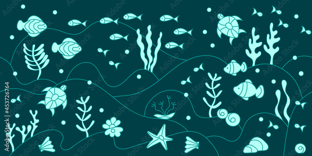 Seamless border Under water. Aquariums.Hand-drawn Marine vector motif ...