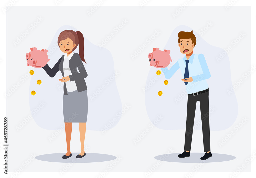 Set of man and woman is worry and shock that have no more money in ...