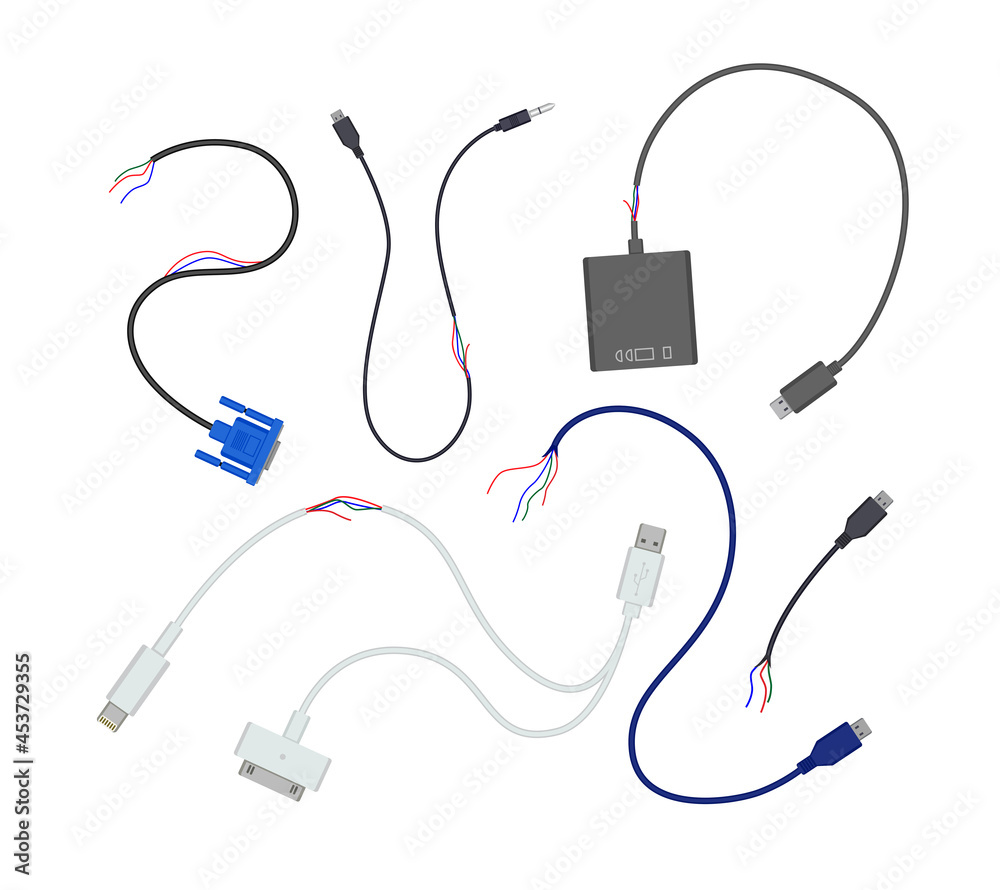 Set of damaged wires and USB cables. Cartoon vector illustration ...