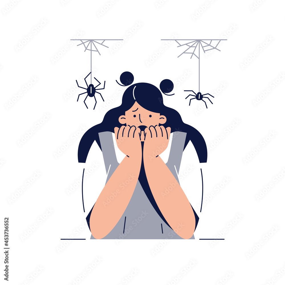 Fear of Spiders, Arachnophobia vector illustration. Screaming ...