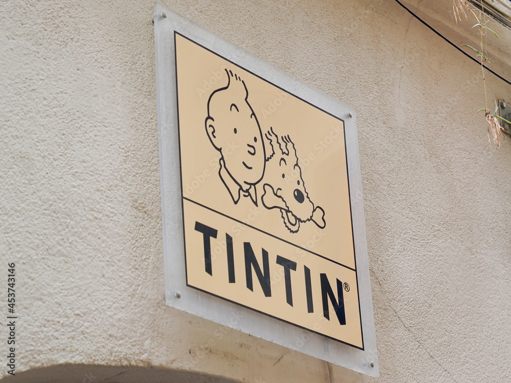 Tintin logo text and brand sign store of comic hero shop of herge book ...