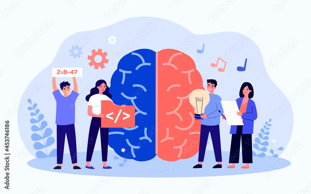 Brain hemispheres responsible for creativity and science. Flat vector ...