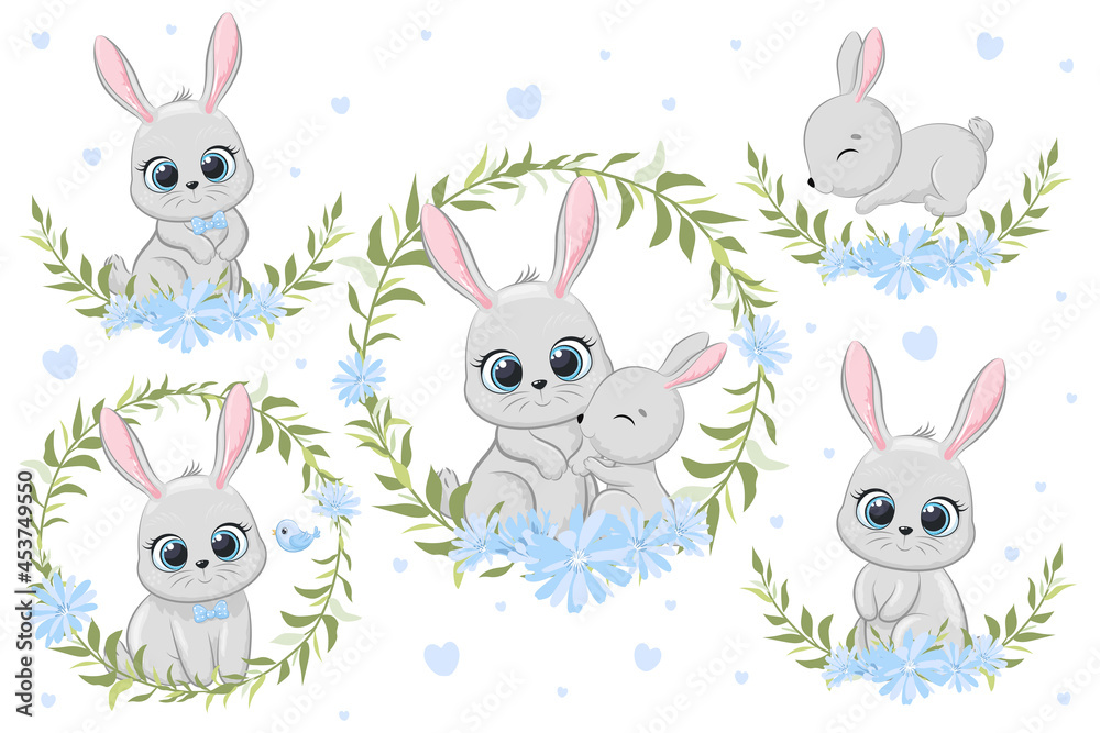 Cute banny with flowers and a wreath. Cartoon vector illustration. A ...