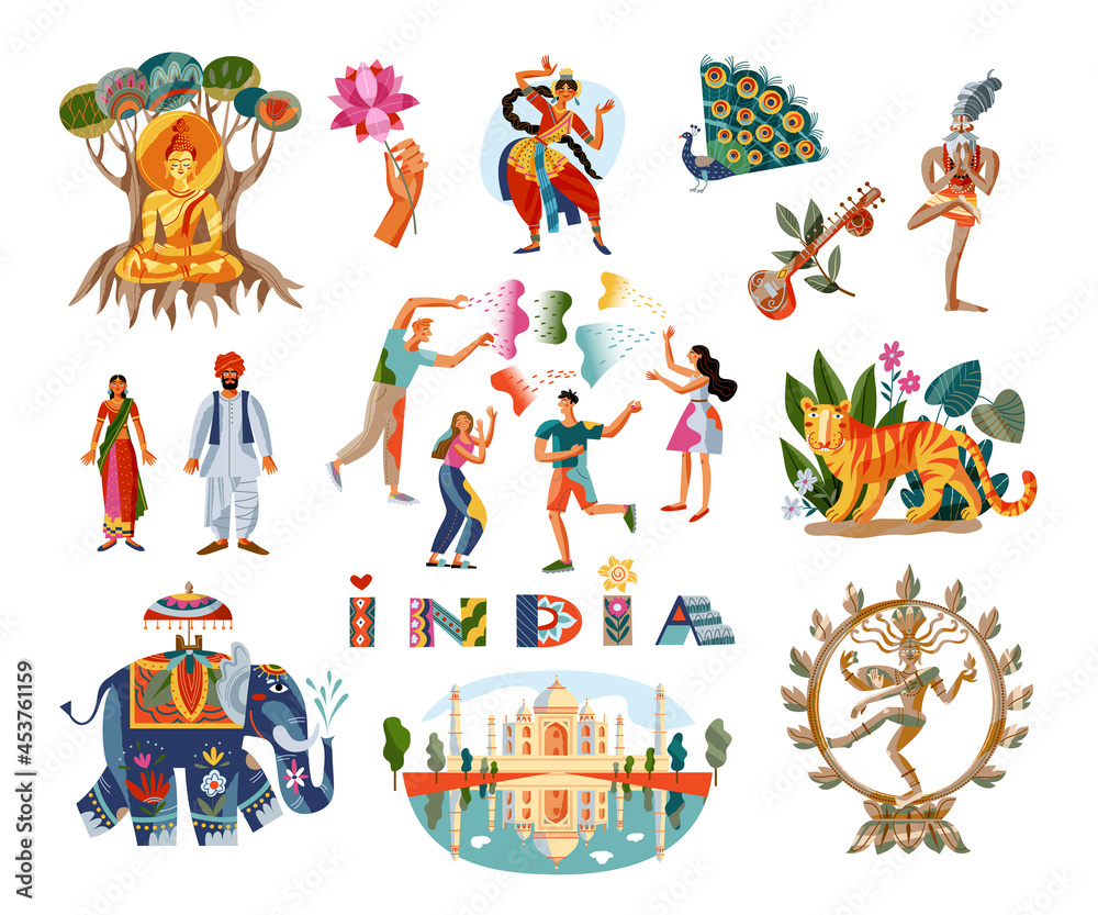 Indian people, culture, art icons set. Elephant, lotus, girl dancing ...
