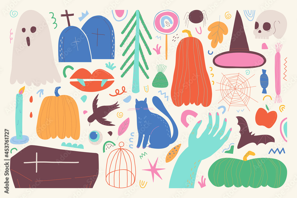 Vector Halloween clipart set, hand drawn colorful illustration for ...