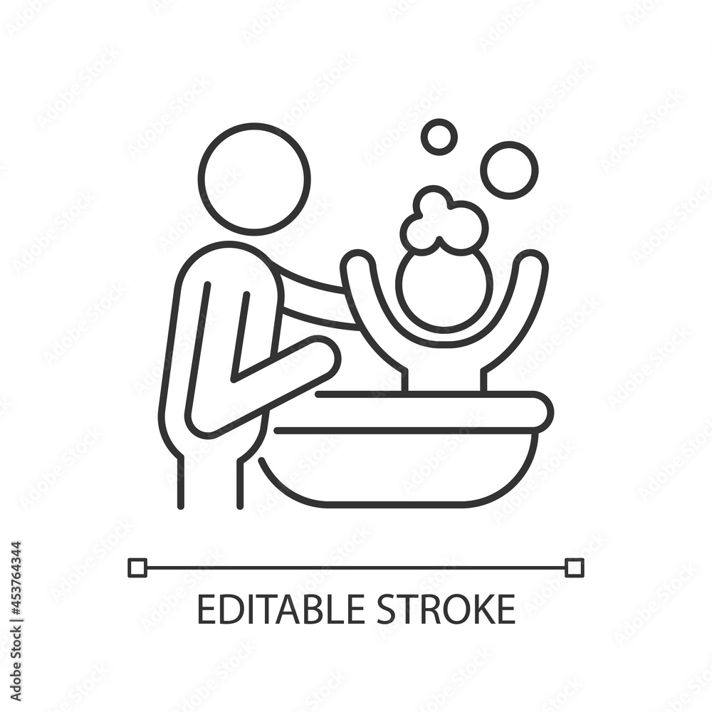 Bathing child linear icon. Providing secure feeling. Skin-to-skin ...