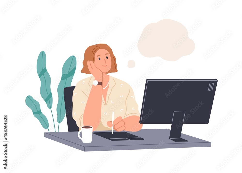 Happy person dreaming at work. Creative woman thinking, imagining ...