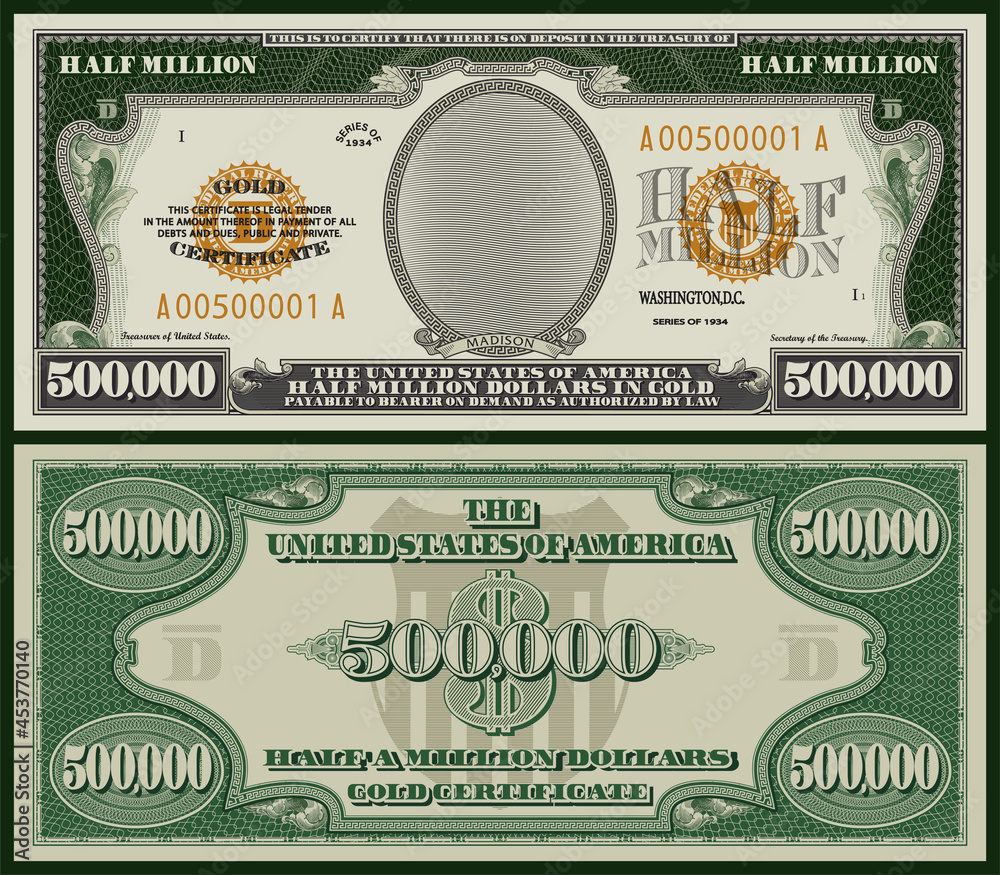 Fictional obverse and grvrse of a gold certificate with a face value of ...