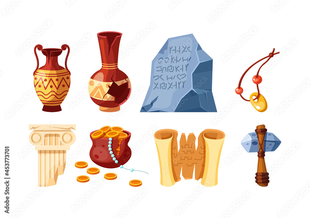 Set of archeology artifacts ancient. Amphora, papyrus script, cave ...