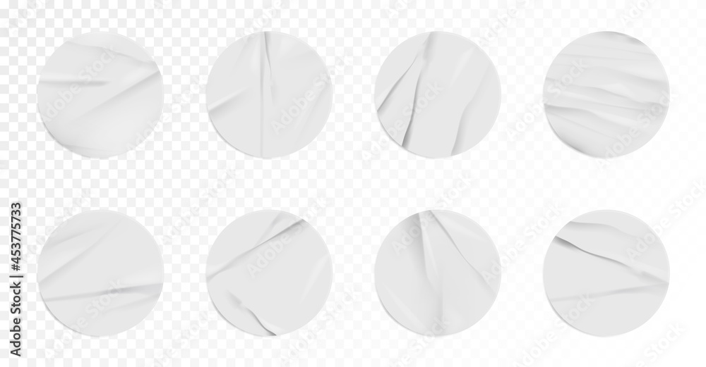 Realistic sticker or label mockup with wrinkled effect set. Three ...