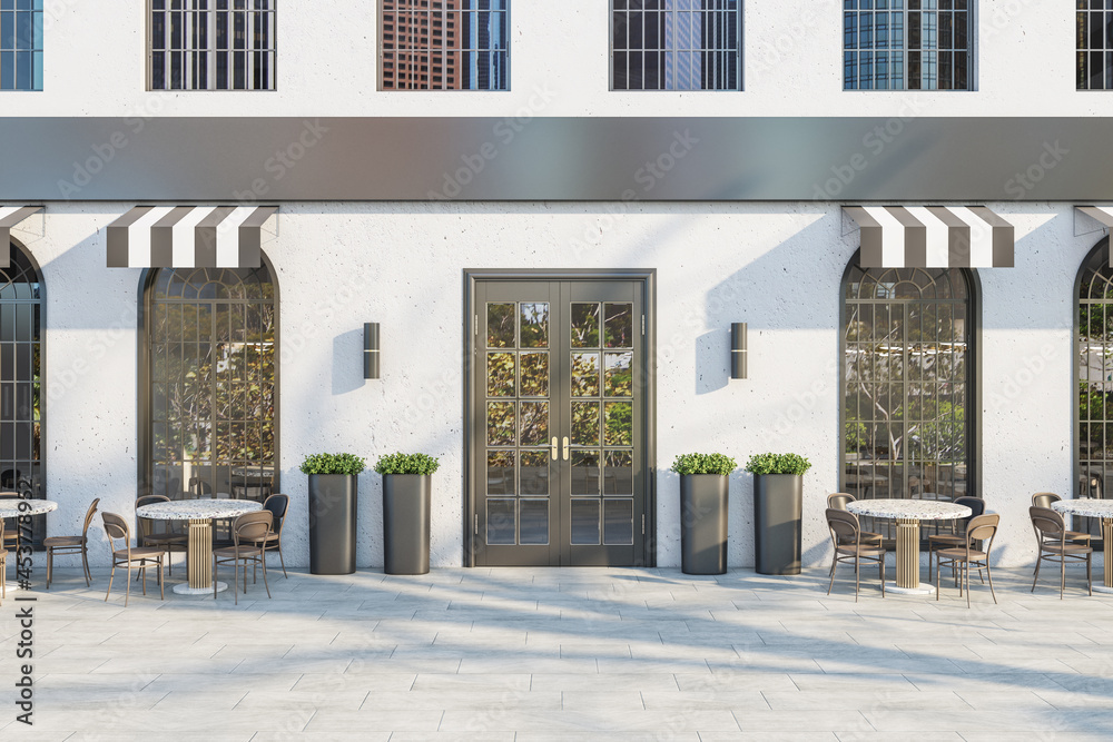 Creative concrete cafe exterior with terrace furniture in daylight. 3D ...