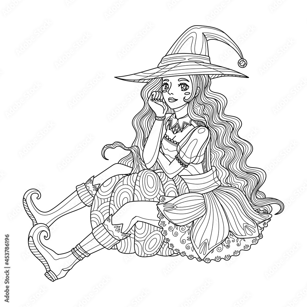 Girl in halloween witch costume sit with pumpkin. Coloring book page ...