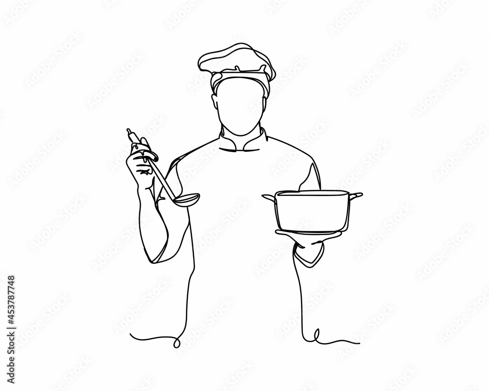 Continuous one line drawing of chef with soup cooking concept icon in ...