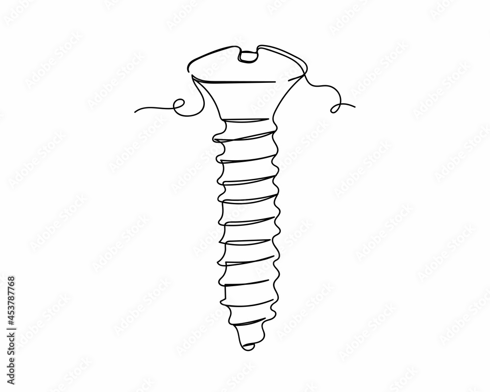 Continuous one line drawing of screw icon in silhouette on a white ...