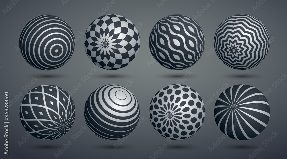 Realistic decorated spheres vector illustrations set, abstract ...
