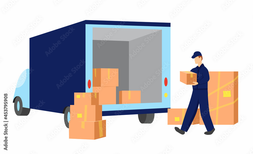 Worker in uniform carries a cardboard box. Loader goes to the car ...