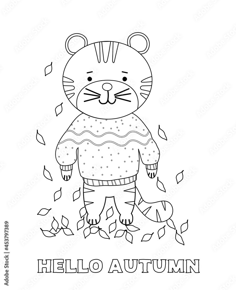Hello Autumn. Tiger cubs in a sweater with falling autumn leaves. Flat ...