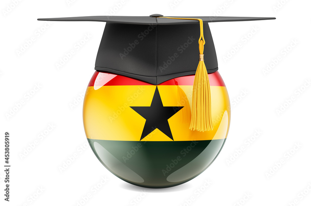 Education in Ghana concept. Ghanaian flag with graduation cap, 3D ...