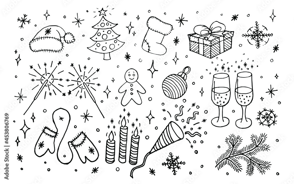 New Years Celebration Line Icons and Symbols. Hand drawn black doodle ...