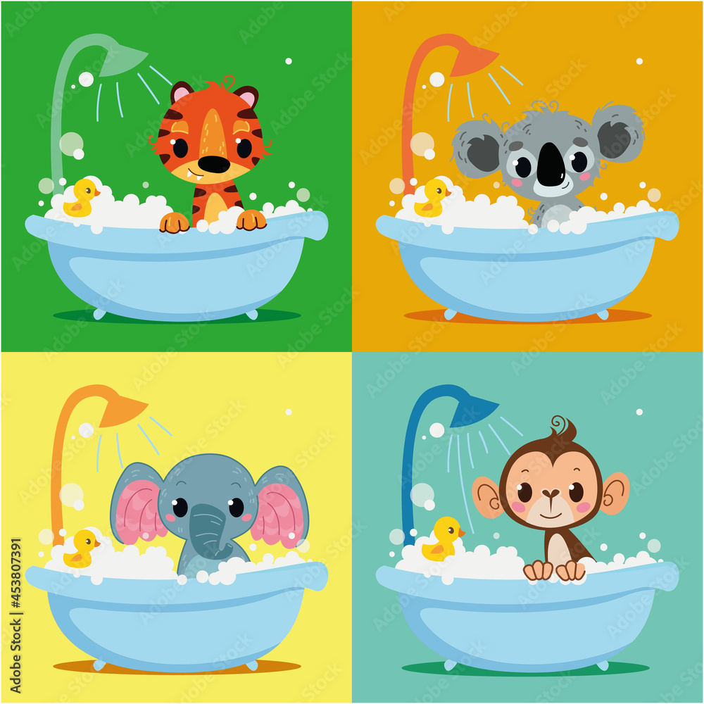 A set of animals that are washed while sitting in the bathroom under ...