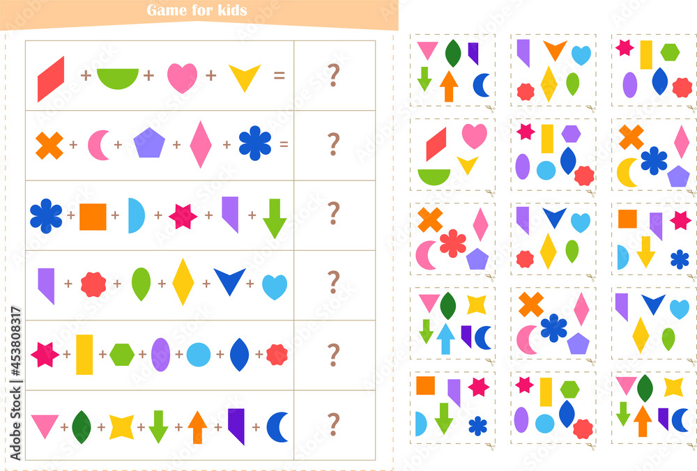 Logic game for children. Find the correct answer card for each example ...