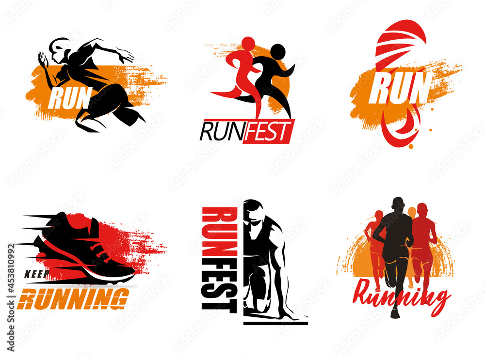 run and running peole logo template collection, stylized emblems Stock ...