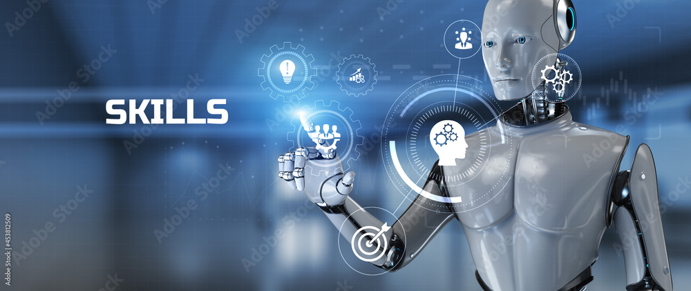 Skills Personal training development education concept. Robot pressing ...