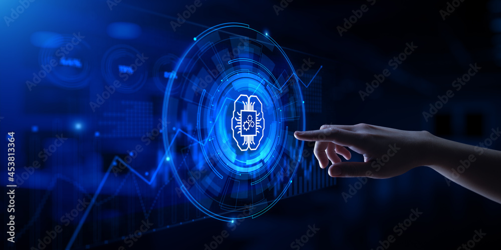 Deep learning artificial intelligence neural network. Hand pressing button on virtual screen ...
