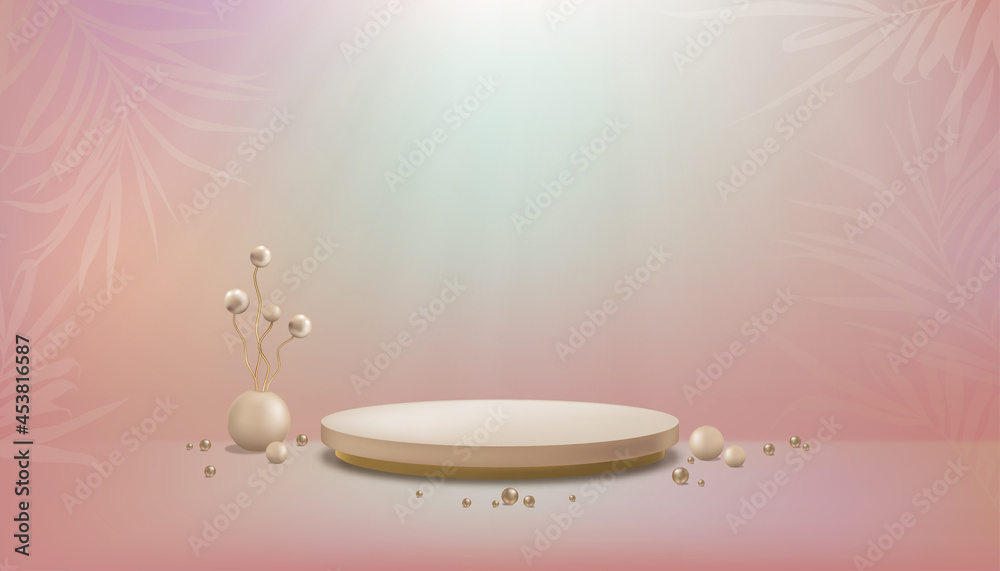 Studio room with flowers ball in vase on pastel floor background ...