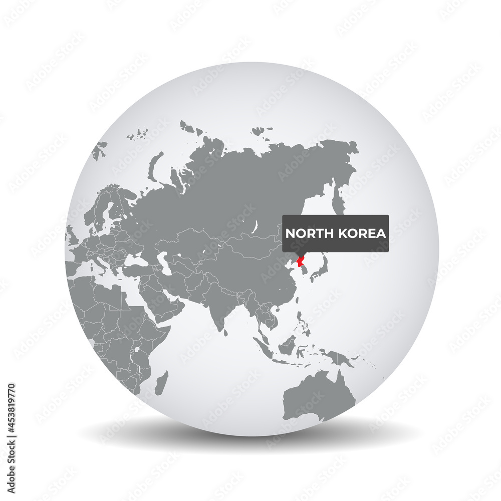 World globe map with the identication of North Korea. Map of North ...
