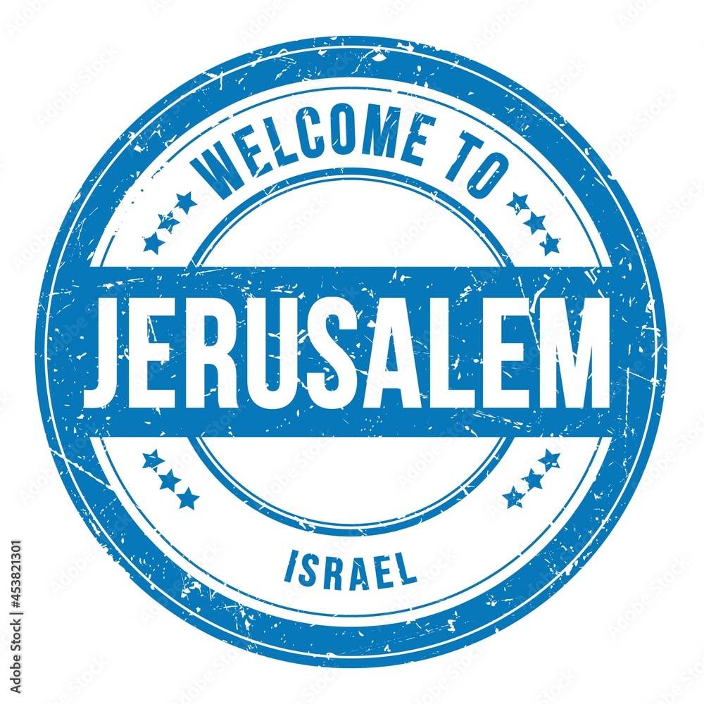 WELCOME TO JERUSALEM - ISRAEL, words written on light blue stamp Stock ...