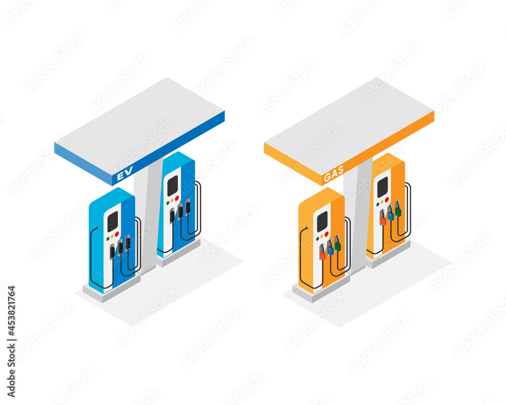 electric vehicle charger station and gas station in isometric graphic ...