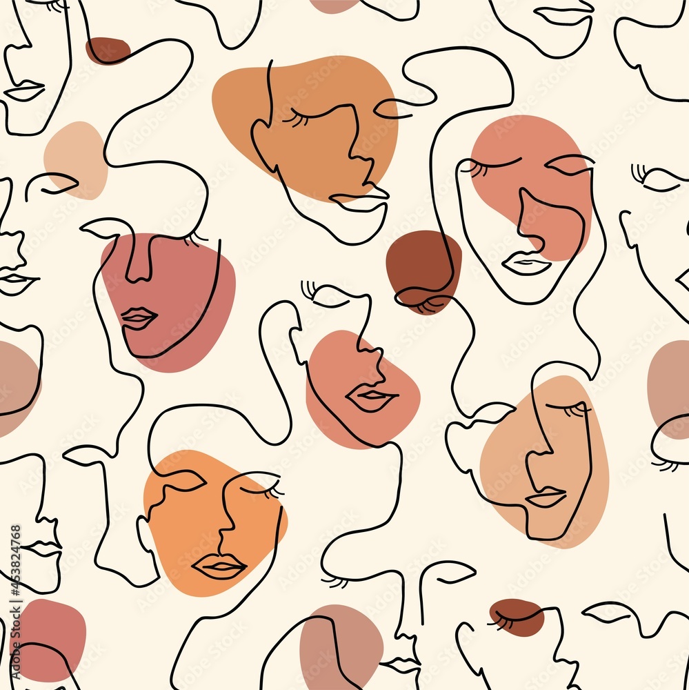 Abstract Faces Line Seamless Pattern, Single Line Art Female Face ...