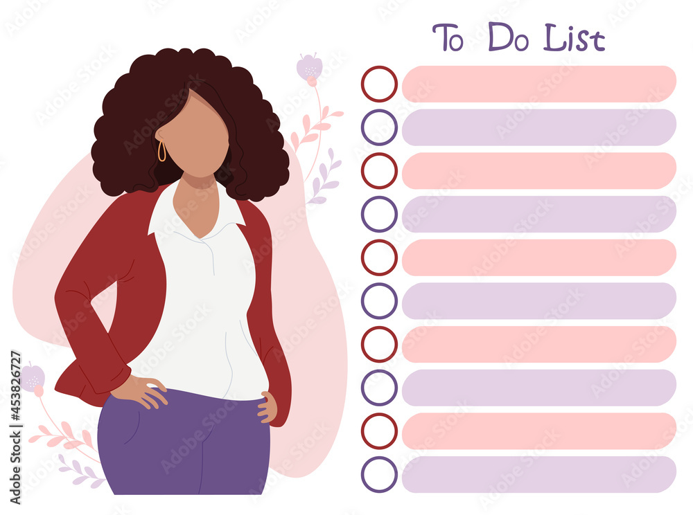 To-do list and black woman. cute ethnic girl on decorative background ...