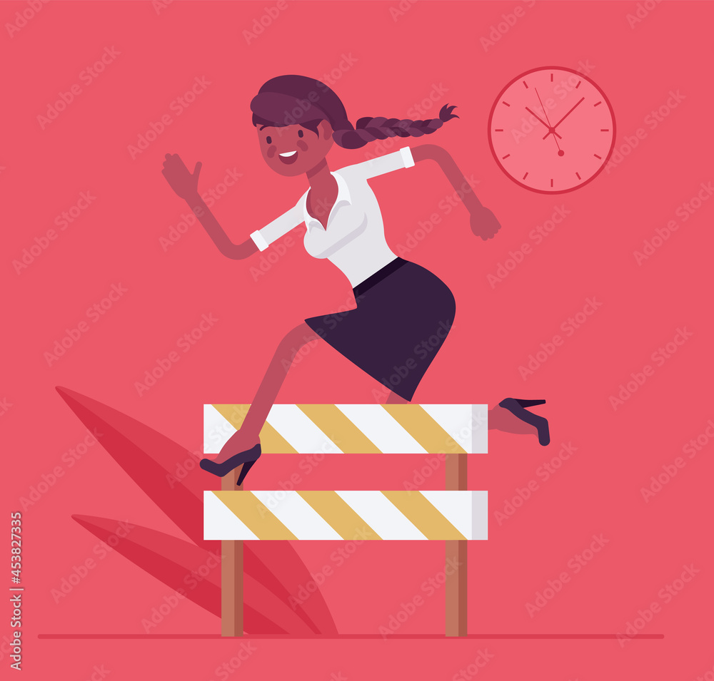 Businesswoman running over barrier, try to overcome difficulties and ...