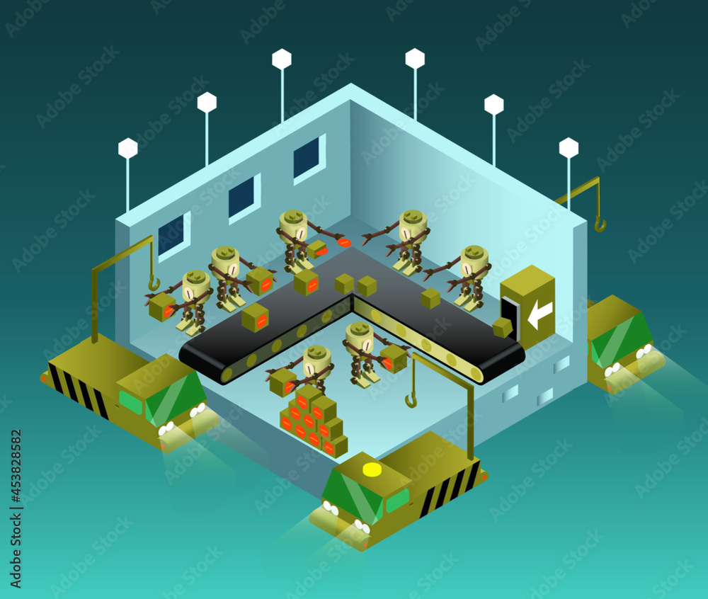 1980 sci-fi cyberpunk style isometric llustration of assembly line with ...