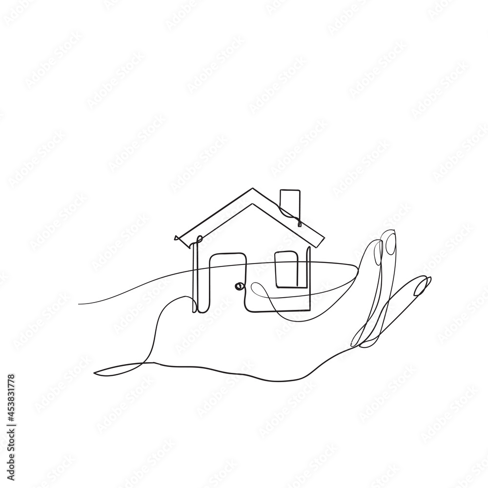 hand drawn hand holding house illustration in continuous line art style ...