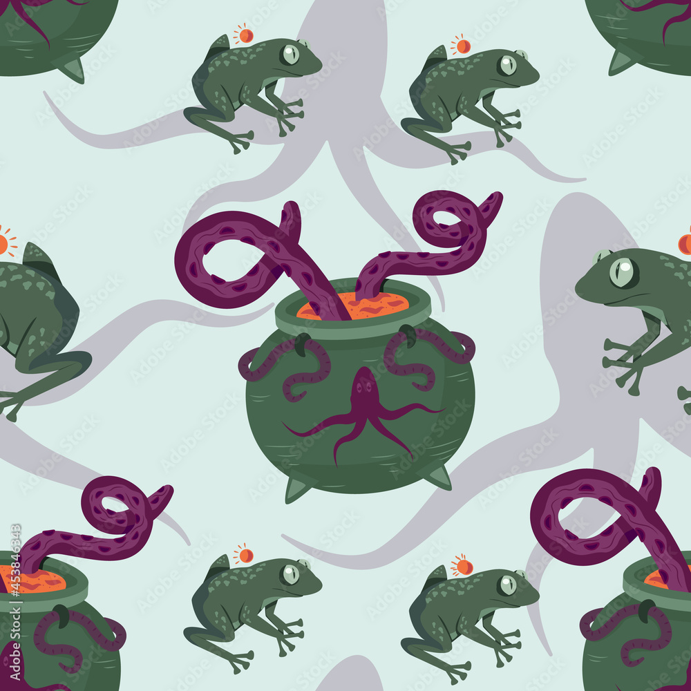 Cauldron seamless pattern with tentacles and frog. Vector illustration ...