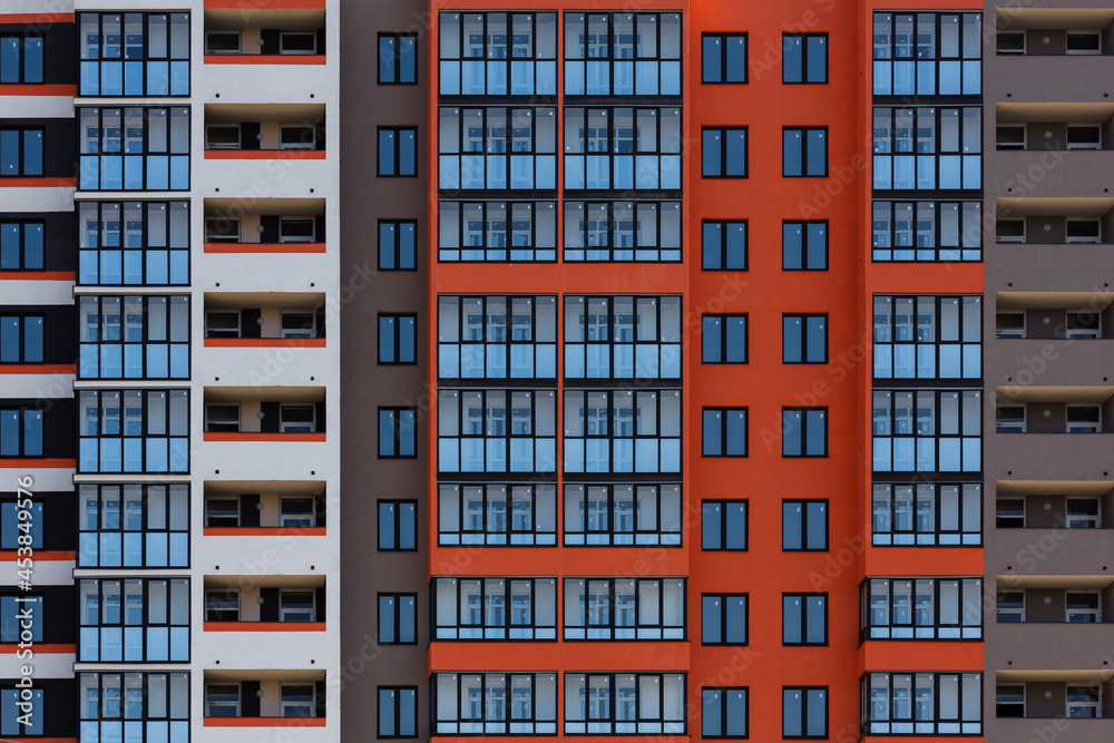 full frame background of new high rise apartament building wall with ...