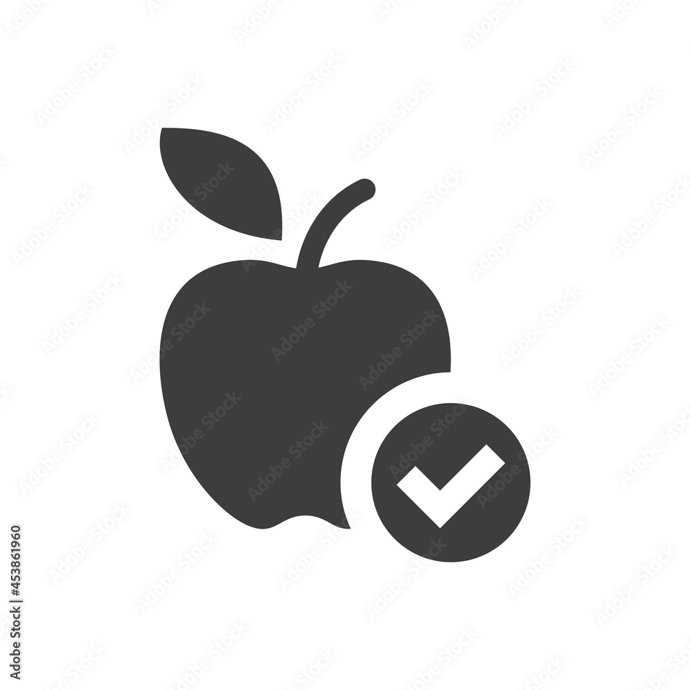 Apple with checkmark ot tick, ok vector icon. Healthy eating black ...