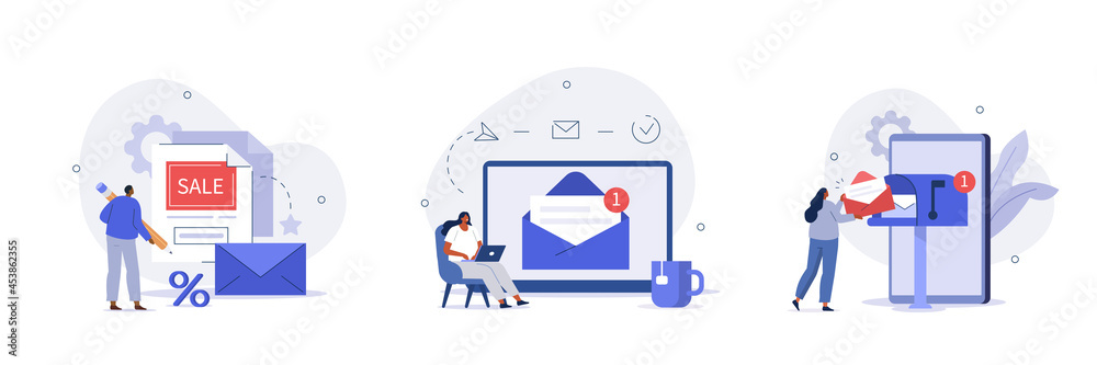 E-mail marketing and promotion scenes. Characters sending advertising ...