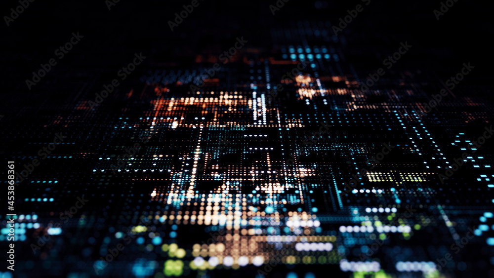 Printed circuit board futuristic server/3d illustration. Code processing in circuit board ...