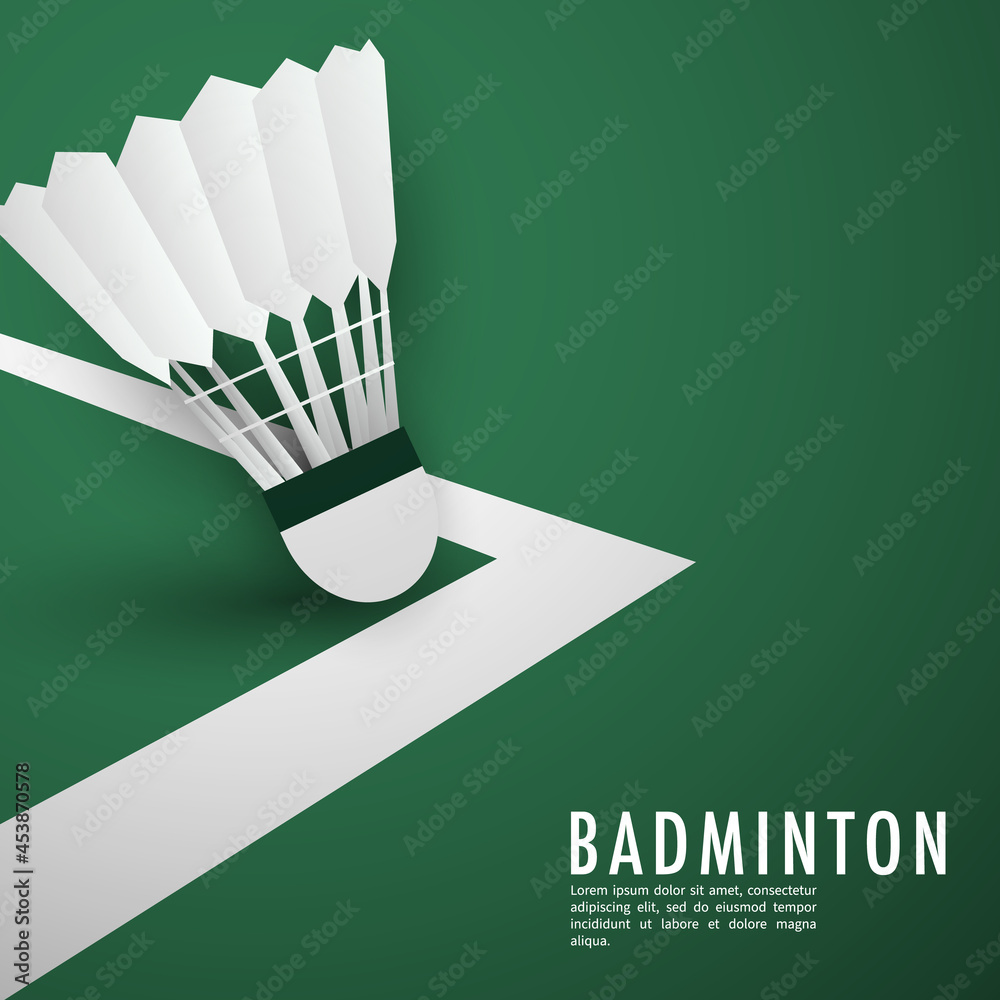 Shuttlecock on white line on green background badminton court indoor ...