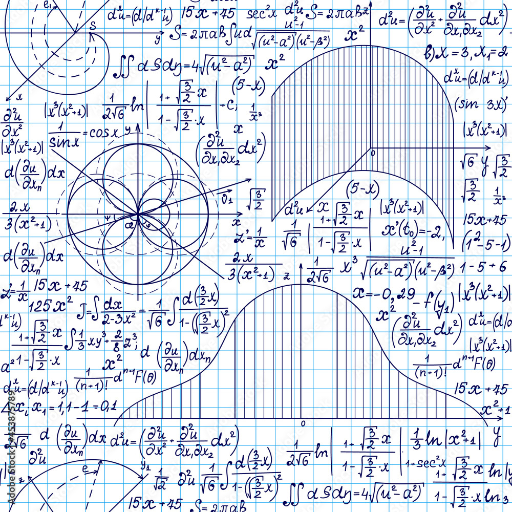 Math scientific vector seamless pattern with geometry figures, formulas and calculations ...